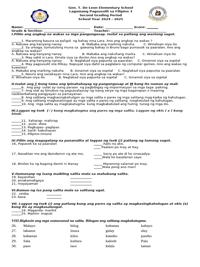 Summativ Etest Filipjino 3-Q2 | PDF