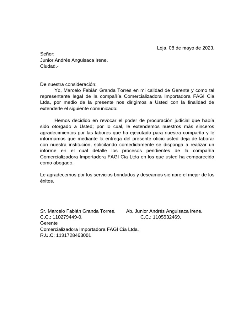 Revocación de Poder a Abogado FAGI | PDF