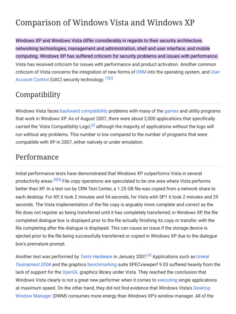 Windows Vista vs. Windows XP Comparison | PDF | Windows Vista ...