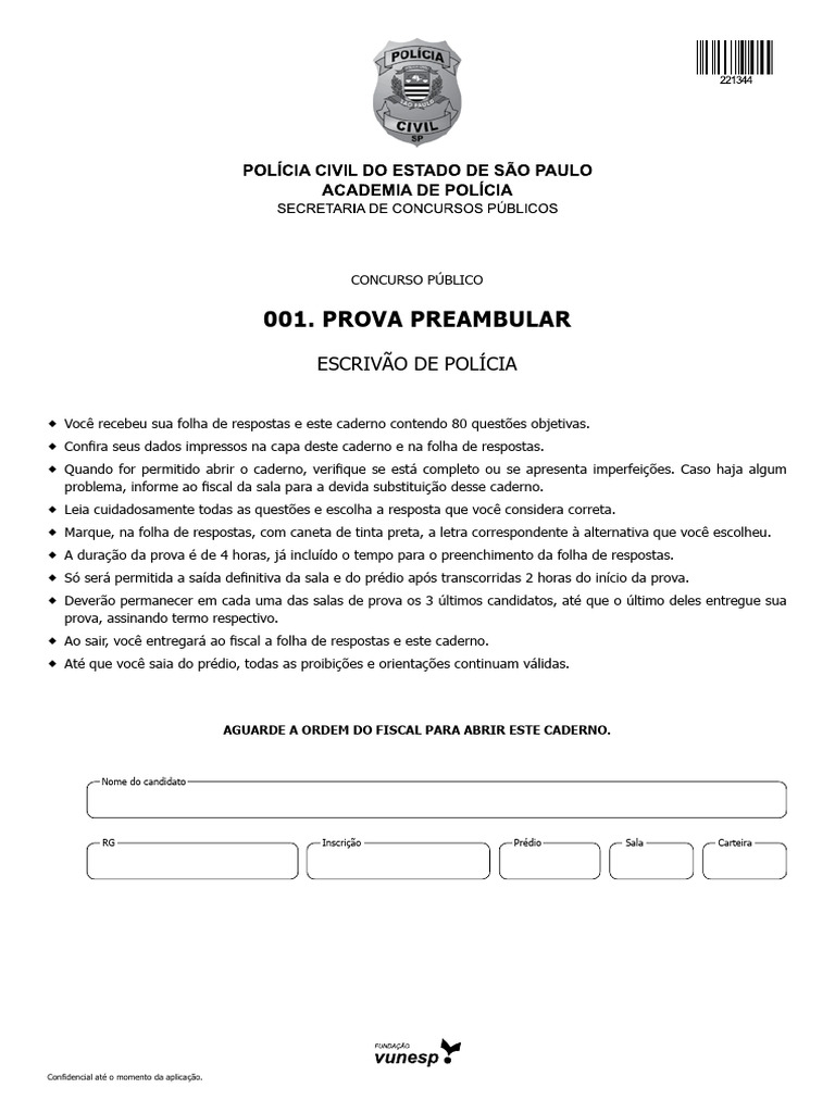01 - 001. Prova Preambular - Escrivao de Policia - Versão 1 | PDF