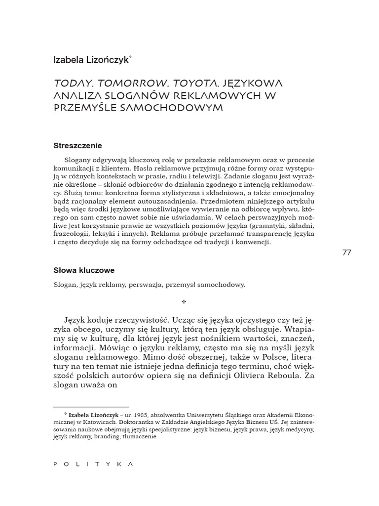 Izabela Lizo czyk - Today. Tomorrow. Toyota. J zykowa analiza sloganуw reklamowych w przemy le ...