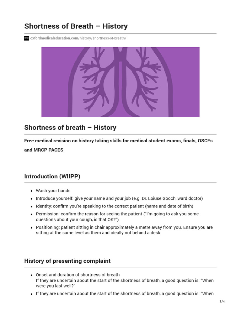 Shortness of Breath History Taking Guide | PDF | Asthma | Heart