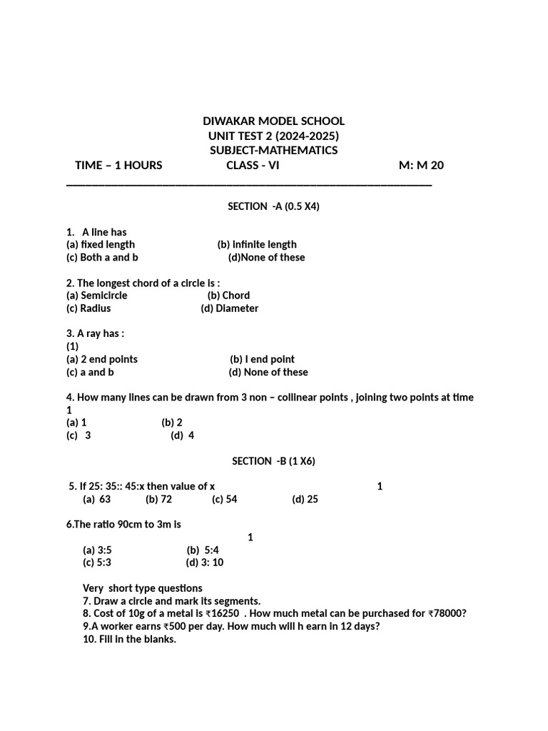 Class VI Mathematics Unit Test 2024-25 | PDF