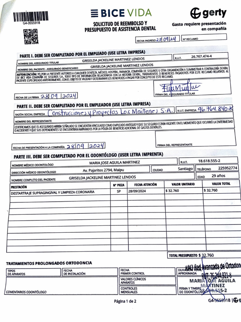 Formulario Reembolso Dental BICE Vida | PDF | Cuidado de la salud ...