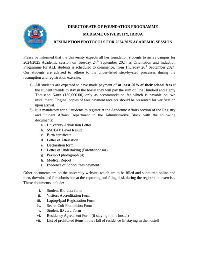 Resumption Protocols For 2024-2025 Academic Seesion | PDF