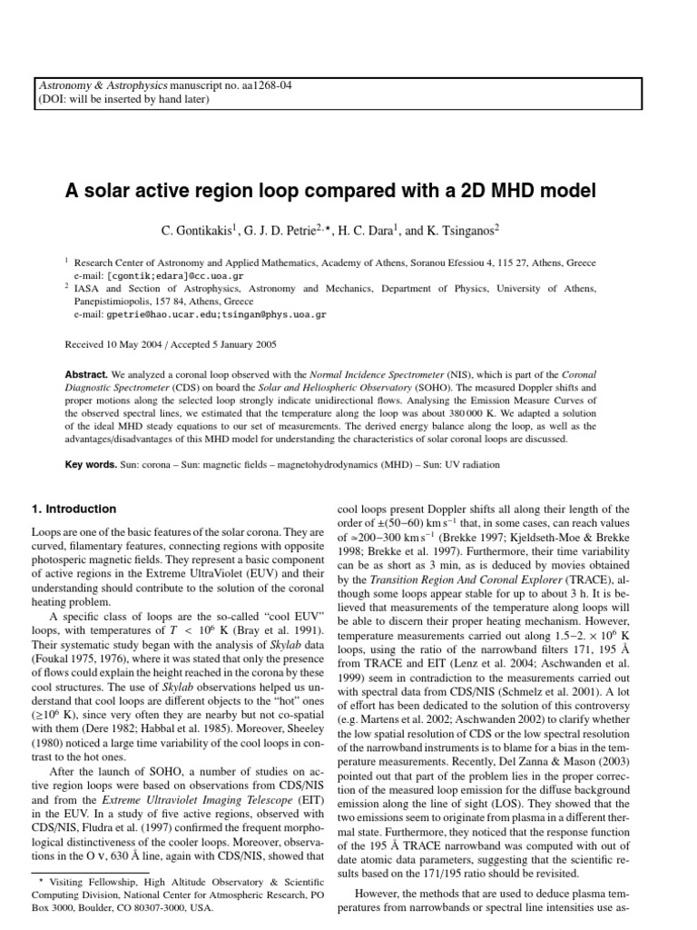 C. Gontikakis Et Al - A Solar Active Region Loop Compared With A 2D MHD Model | PDF ...