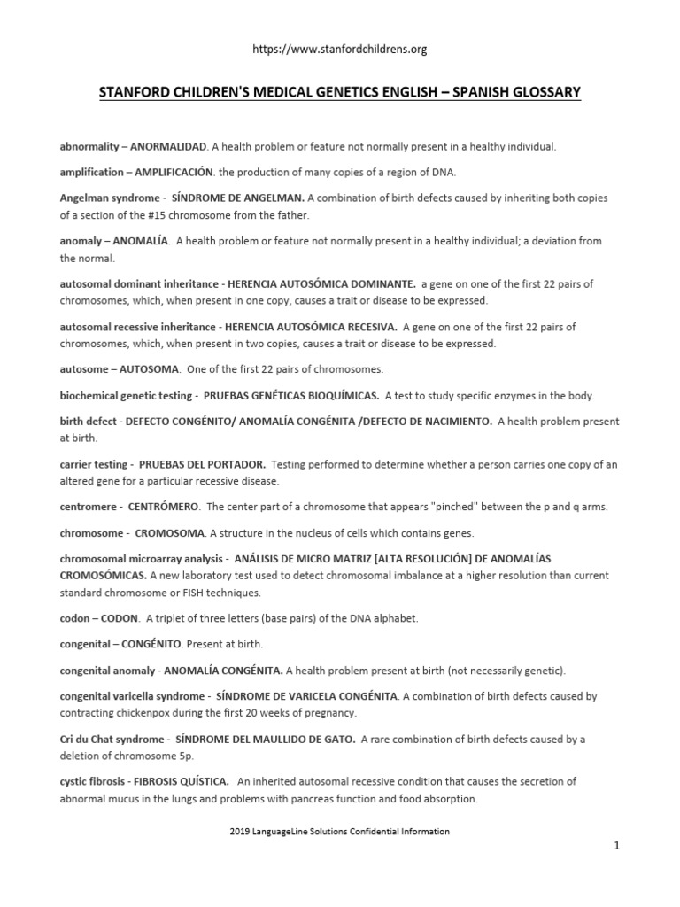 Genetics Glossary: English-Spanish | PDF | Genetic Disorder | Gene