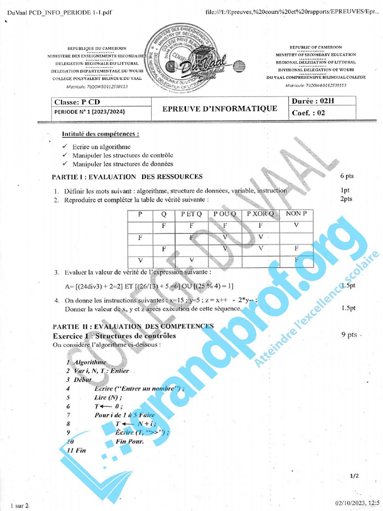 Informatique 1ereCD Evaluation1 College DU VAAL 2023 2024 | PDF