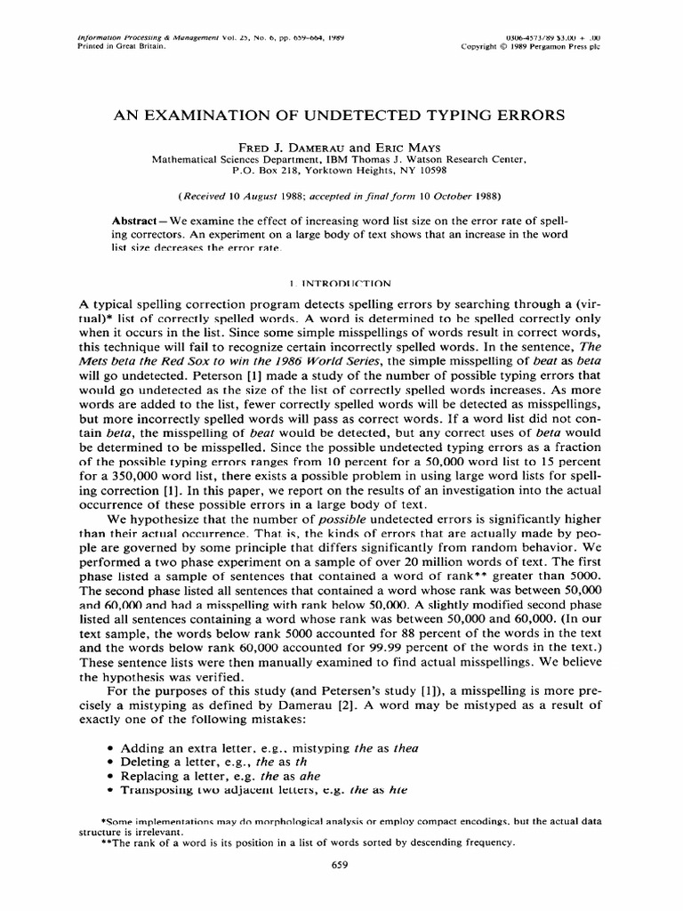 Damerau1989 An Examination of Undetected Typing Errors | PDF | Spelling | Proofreading