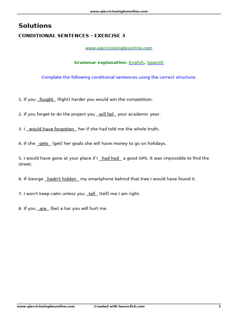 Solutions Conditional Sentences Exercise 3 | PDF