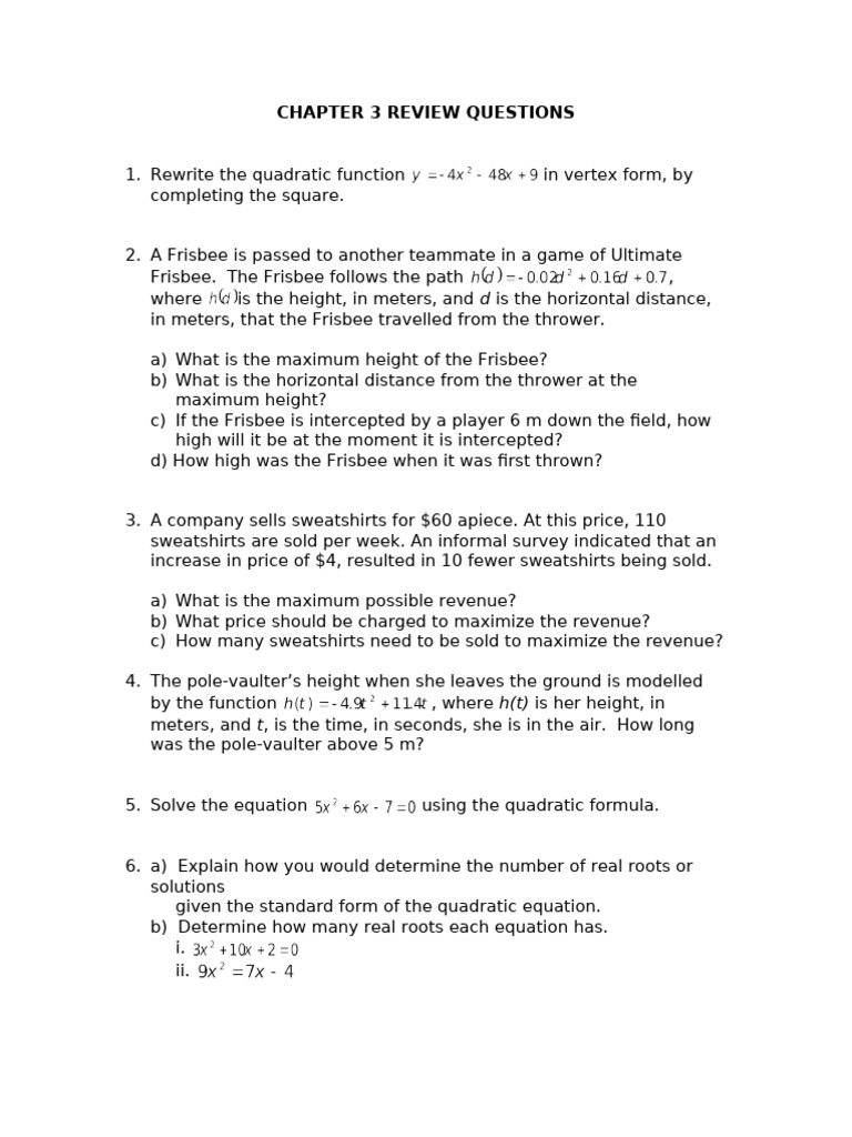 Chapter 3 Review Questions MCF3M Fall '22 | PDF