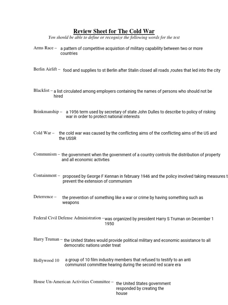 Cold War Reveiw Sheet (1) - 1 | PDF | Cold War | Soviet Union