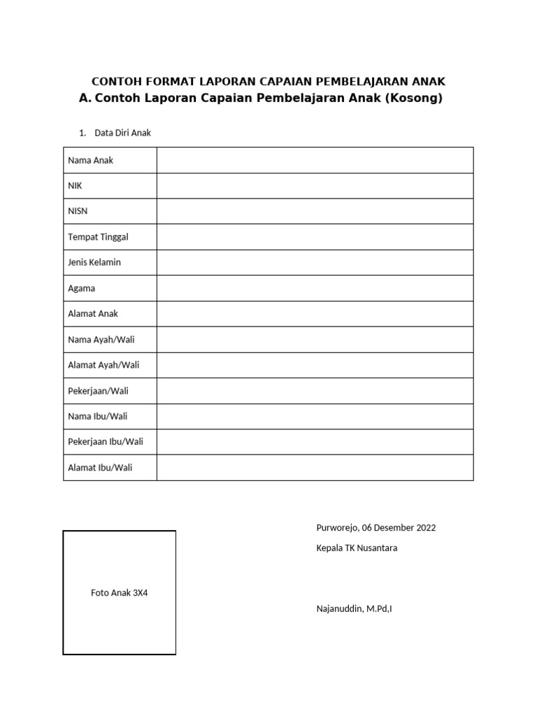 Contoh Format Laporan Capaian Pembelajaran Anak | PDF