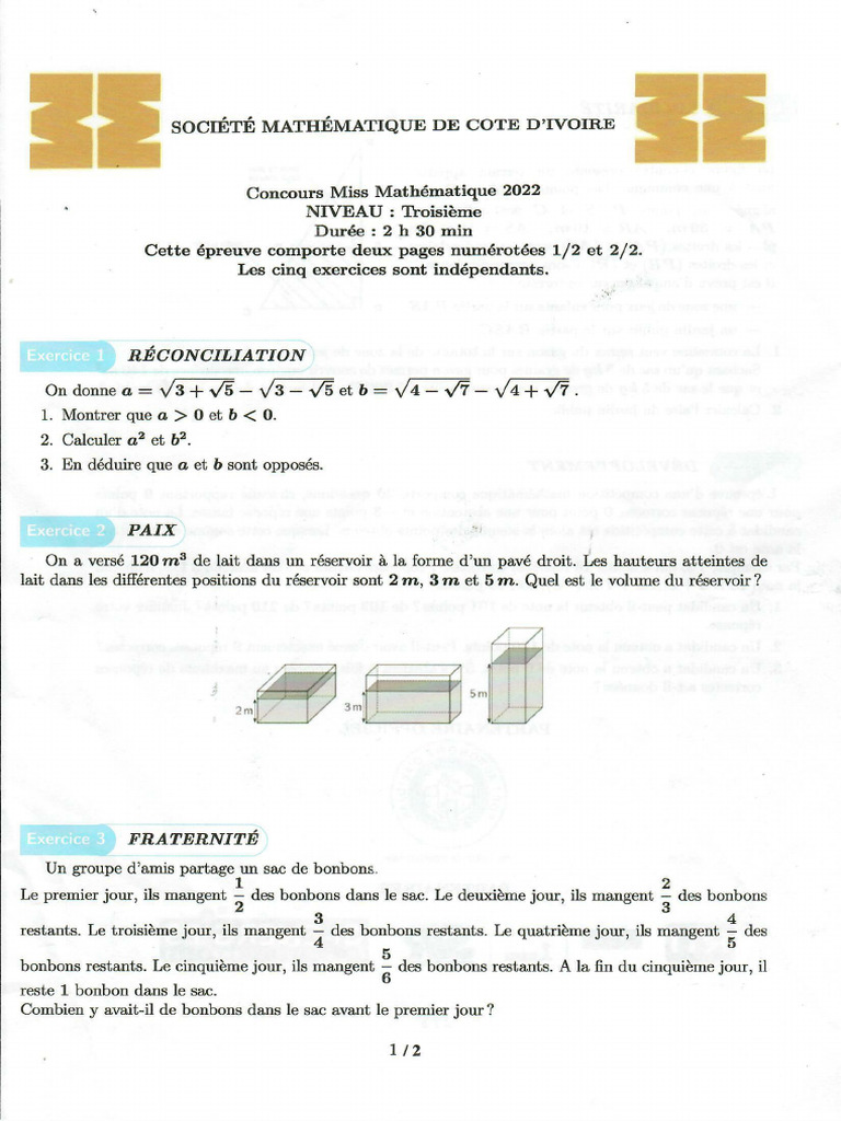Concours Miss Maths 2022 Niveau 3eme | PDF