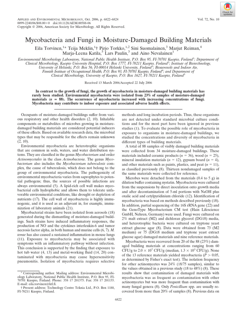 Torvinen Et Al 2006 Mycobacteria and Fungi in Moisture Damaged Building ...