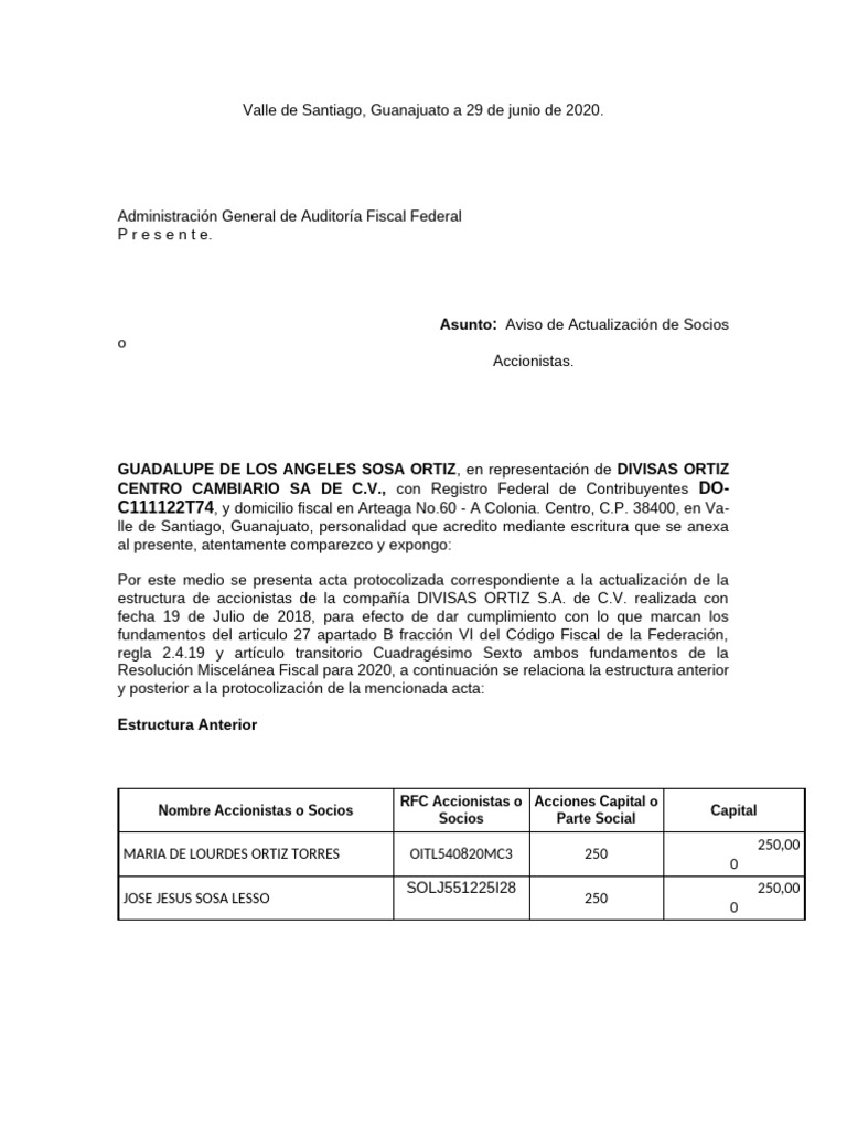 Escrito+Libre+Actualizacion+Socios+y+Accionistas | PDF