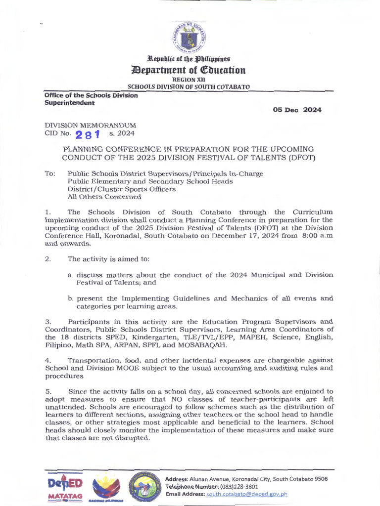 Dm Cid No. 281 s. 2024 Planning Conference in Preparation for the ...