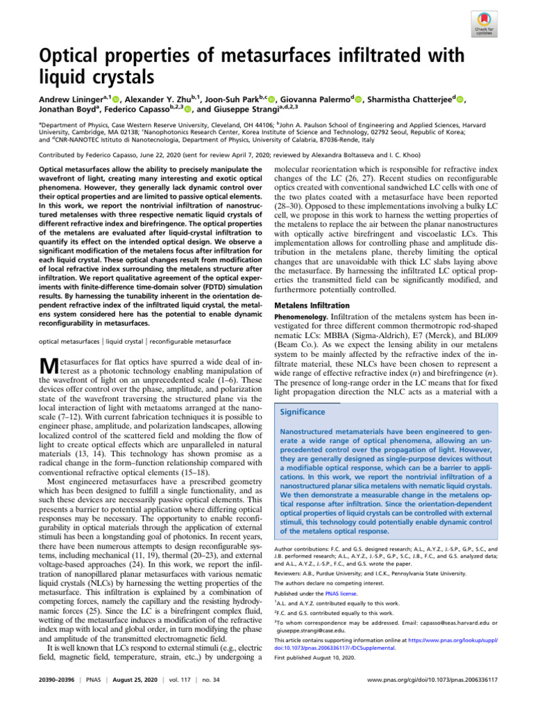 Lininger Et Al 2020 Optical Properties of Metasurfaces Infiltrated With Liquid Crystals | PDF ...