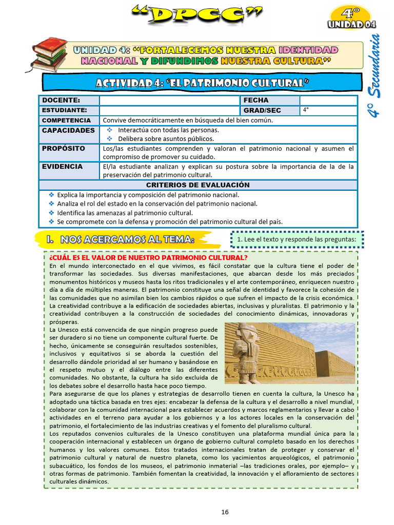 4° DPCC - Actv.04-Unid.4 2023 | PDF | Perú | Patrimonio cultural