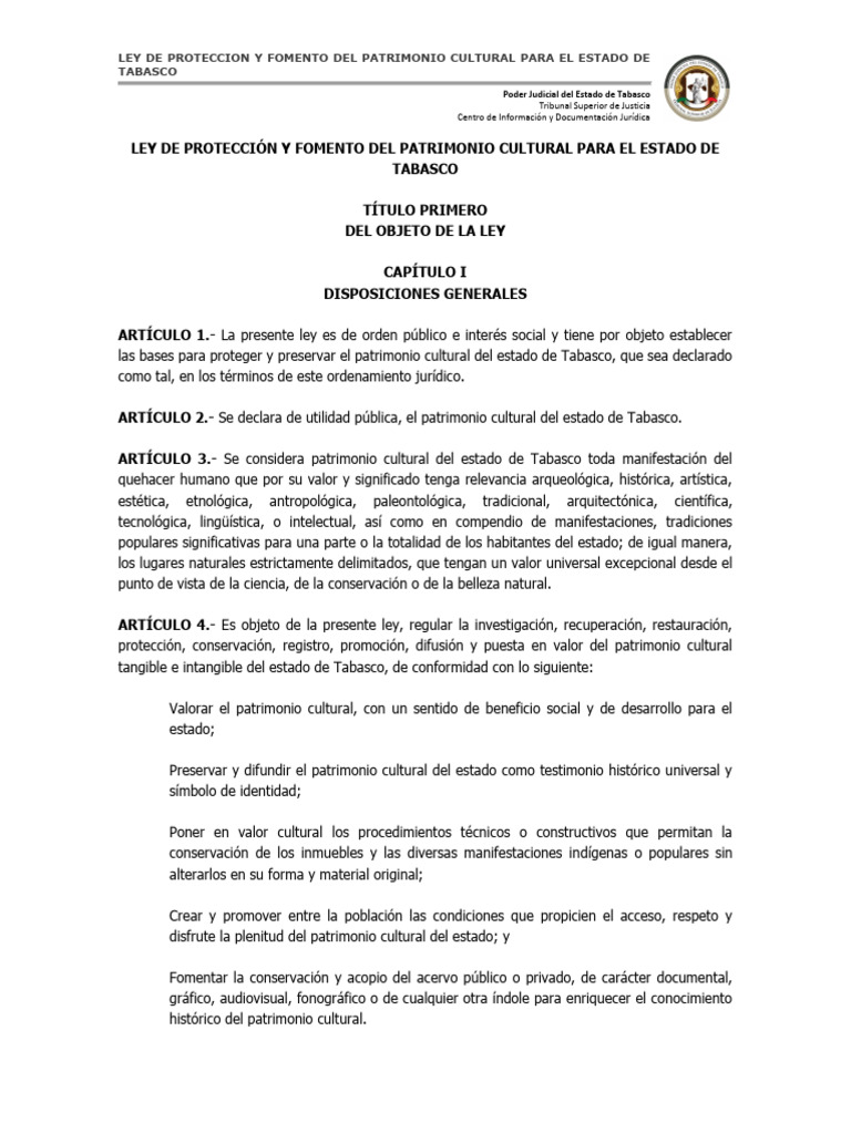 Ley de Proteccion y Fomento Del Patrimonio Cultural para El Estado de Tabasco PDF | PDF ...