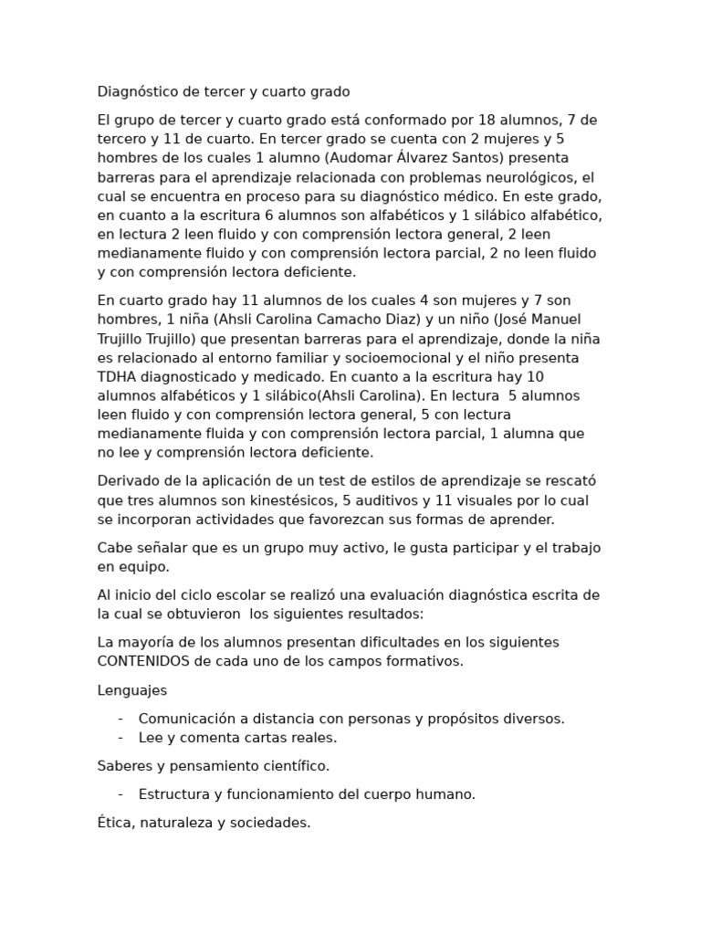 Diagnóstico 3er y 4to Grado 2024-2025 | PDF | Aprendizaje | Comprensión lectora