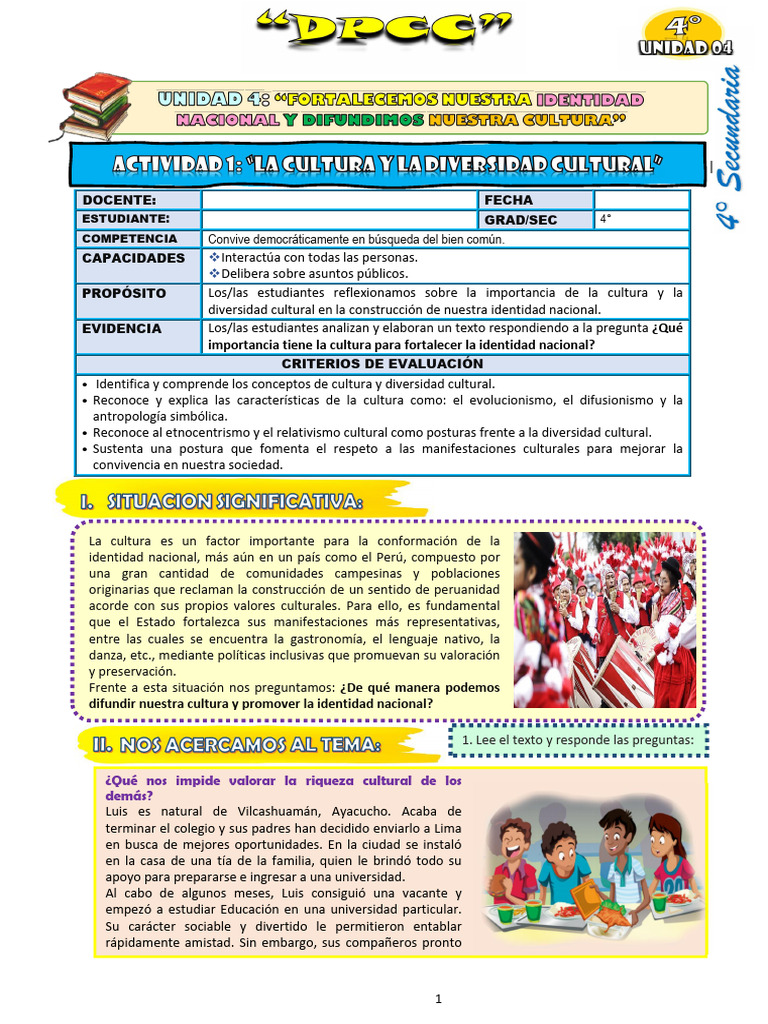 4° DPCC - Actv.01-Unid.4 2023 | PDF | Sociedad | Antropología