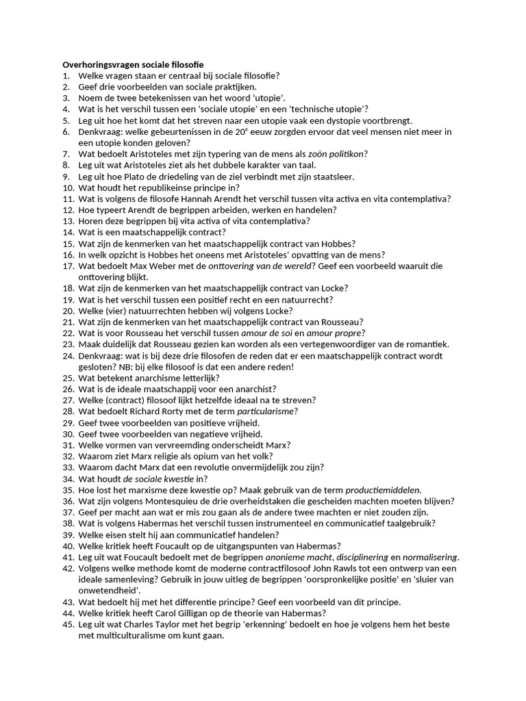 Overhoringsvragen Sociale Filosofie | PDF