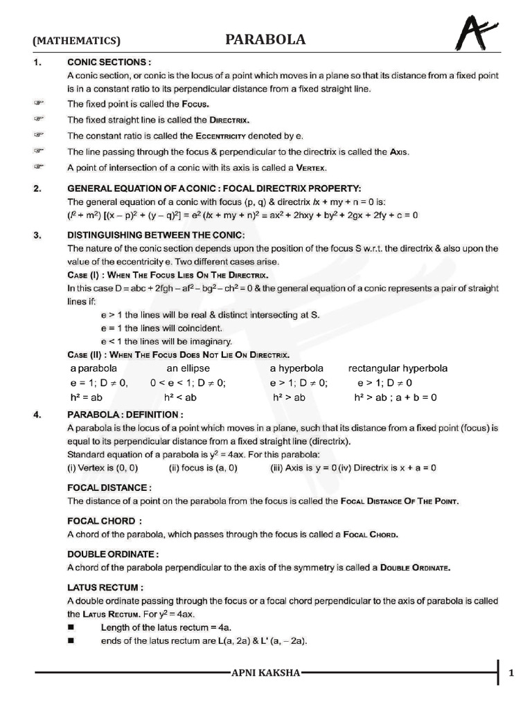 Sheet - 01 _ Parabola (1) | PDF