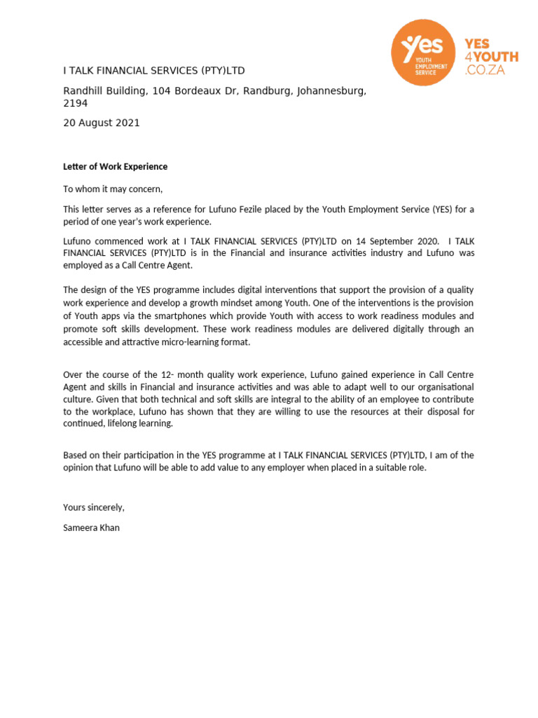 Work Experience Reference for Lufuno Fezile | PDF
