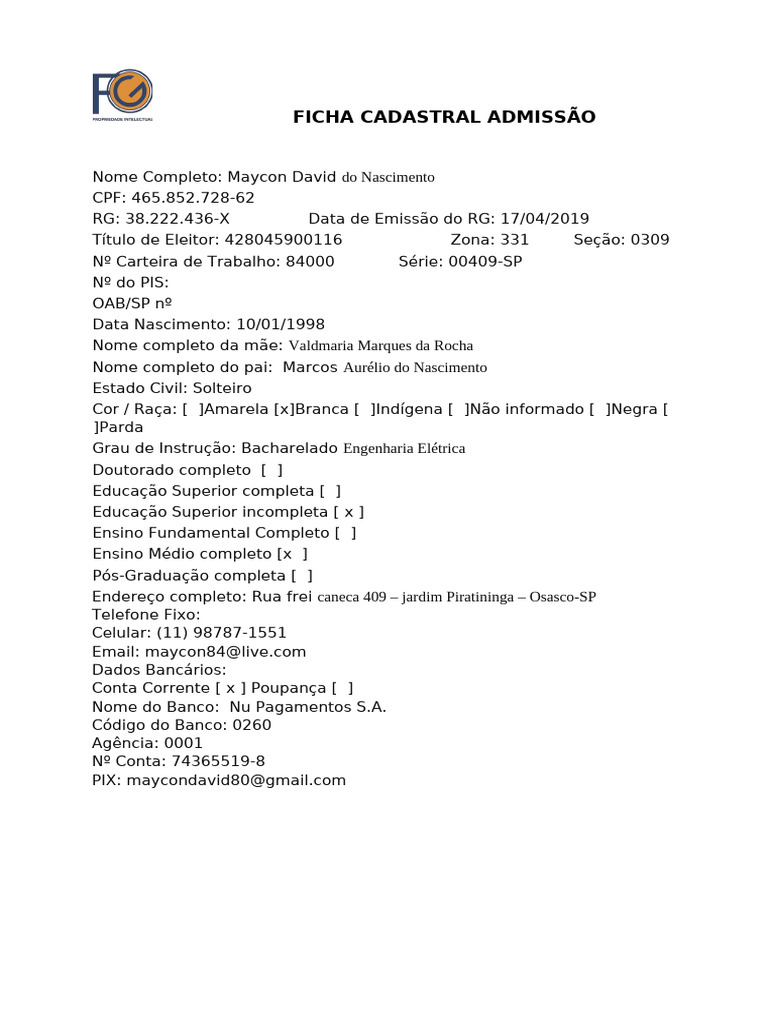 FICHA CADASTRAL ADMISSÃO (3) - Maycon David Do Nascimento | PDF