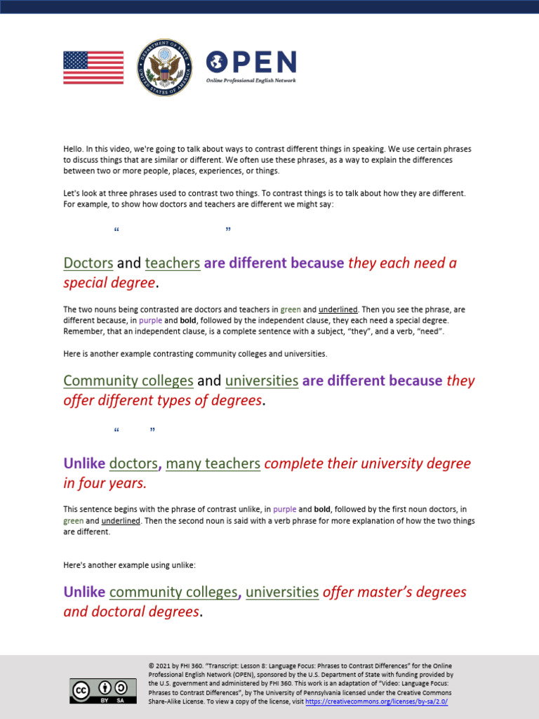 Transcript Lesson 8 Language Focus Phrases To Contrast Differences ...