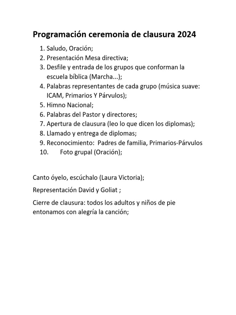 Programación Ceremonia de Clausura 2024 | PDF
