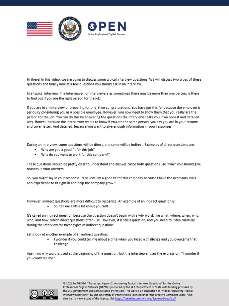 Transcript Lesson 2 Answering Typical Interview Questions | PDF ...