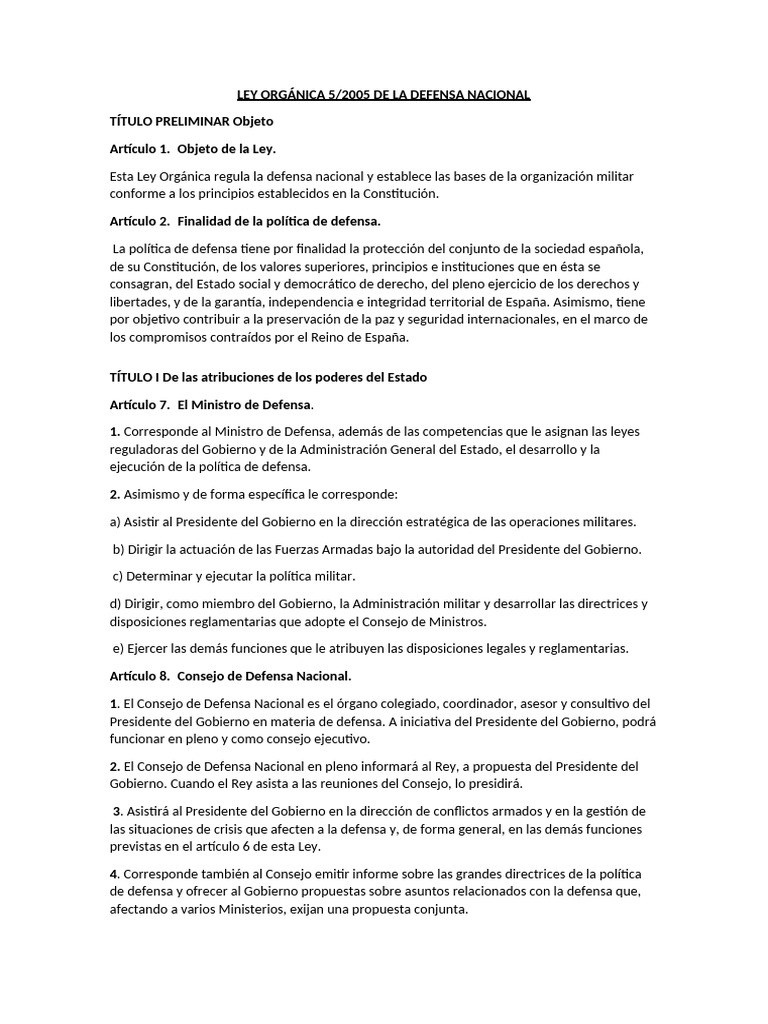 Ley Orgánica 5/2005 de Defensa Nacional | PDF | Personal (militar ...