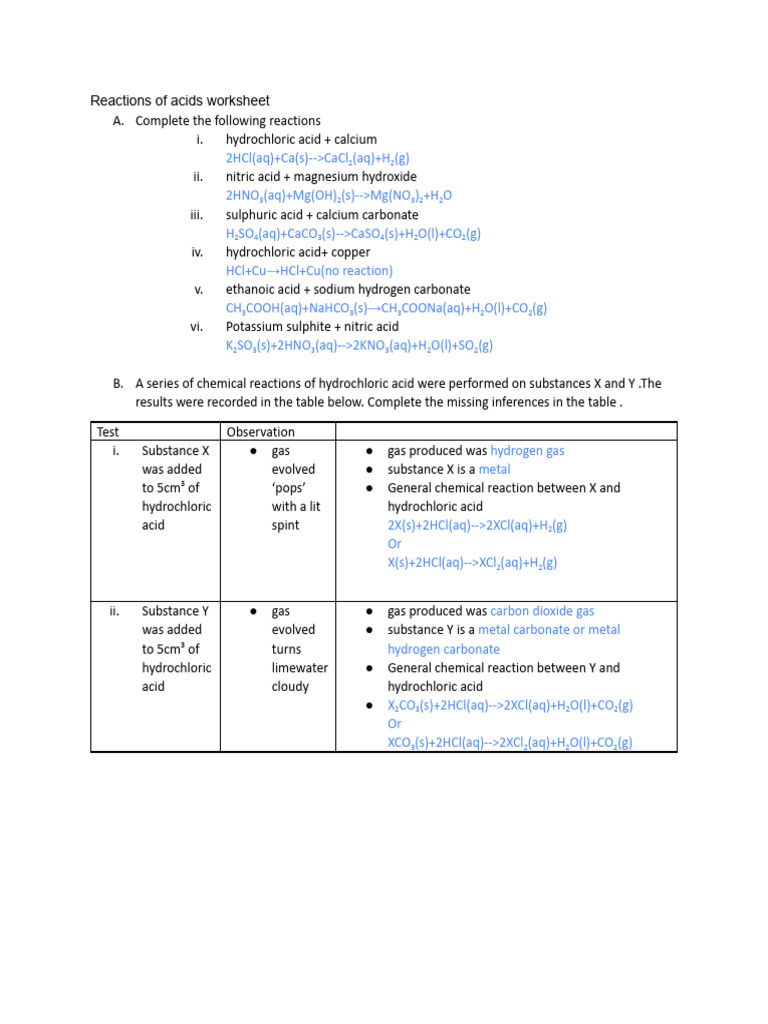 Acid Reactions Worksheet Guide | PDF