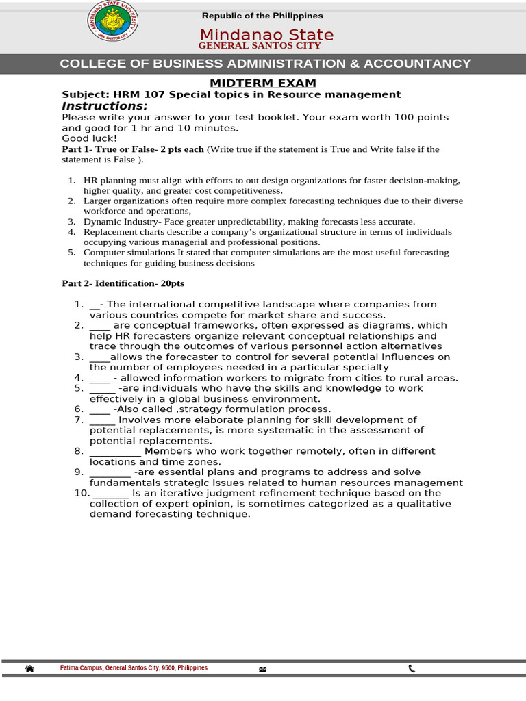SPECIAL TOPICS MIDTERM EXAM FINAL New | PDF | Human Resource Management | Forecasting