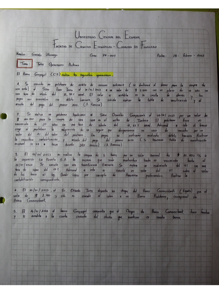 U4_Tarea 20 Taller Operaciones Activas - ULCUANGO GONZALO55 | PDF