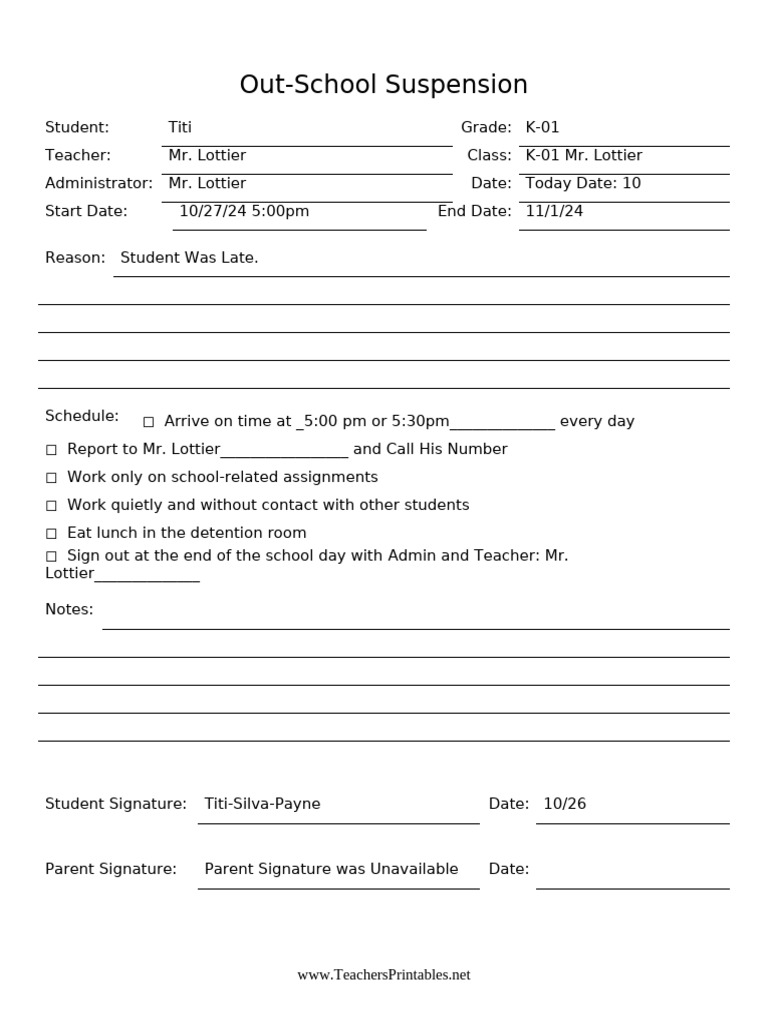 Out-of-School Suspension Plan for Titi | PDF
