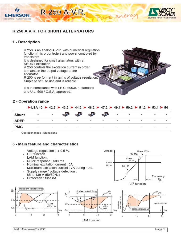 Leroy Somer Generator AVR R250 | PDF | Physical Quantities | Electrical Engineering