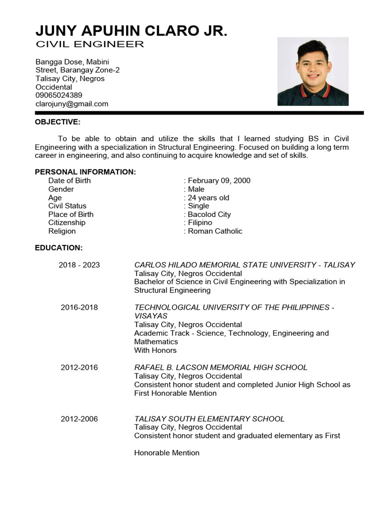 Claro Juny Jr. A. Resume PDF | PDF | Engineering