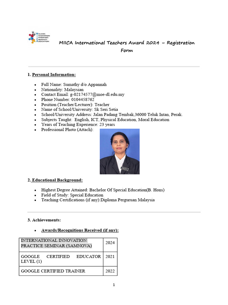 MIICA International Teachers Award 2024 | PDF | Mentorship | Learning