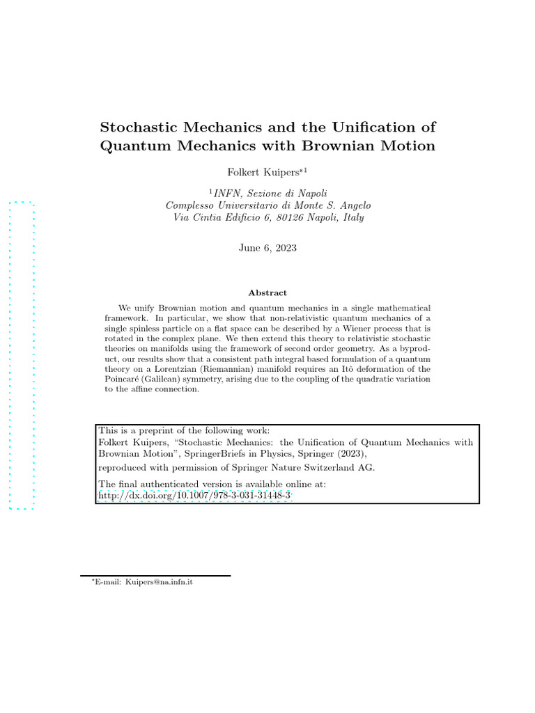 Stochastic_Mechanics | PDF | Quantum Mechanics | Brownian Motion