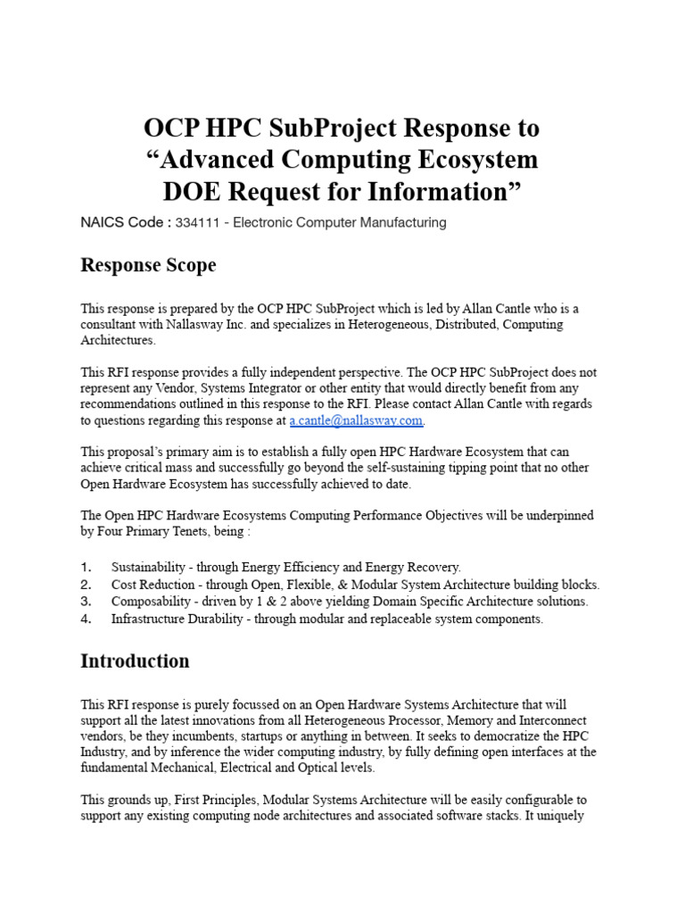 DOE RFI - Advanced Computing Ecosystem - OCP HPC SubProject Response | PDF | Supercomputer ...