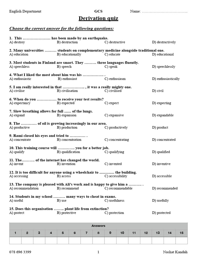 Noun + Verb Derivation Quiz | PDF | Linguistic Typology | Linguistic ...
