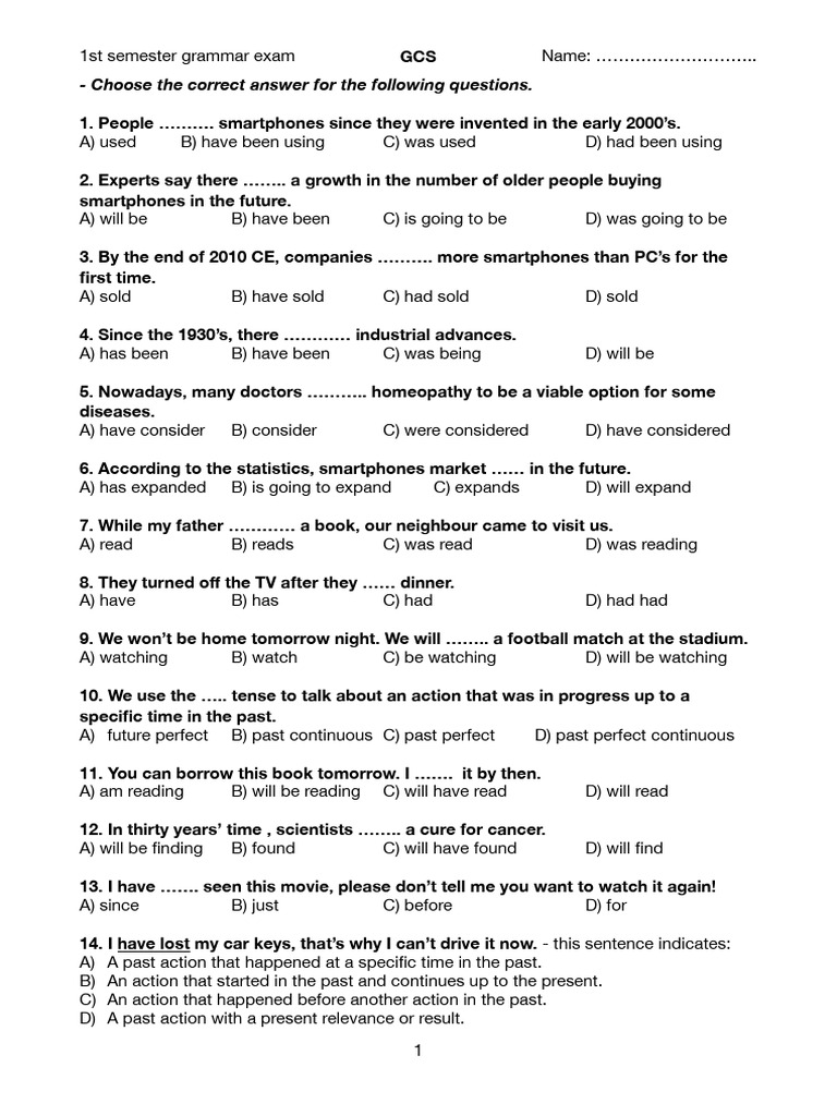 2007 Fist Semester Grammar Exam | PDF