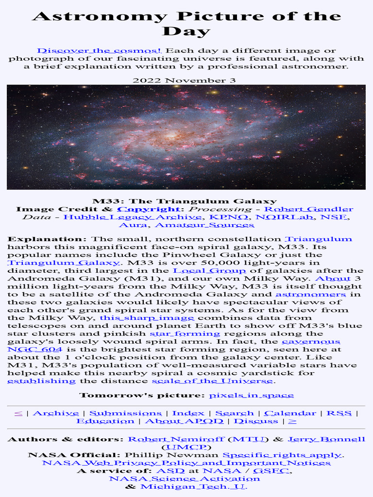 APOD 2022 November 3 - M33 The Triangulum Galaxy | PDF