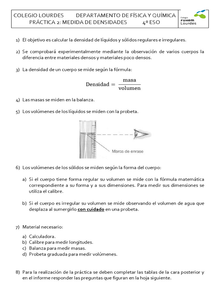 Medición de Densidades en Física 4º ESO | PDF | Densidad | Volumen