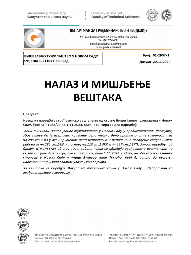 Nadstresnica Nalaz I Misljenje Vestaka Fakultet Tehnickih Nauka Novi Sad Izvor VJT Novi Sad | PDF