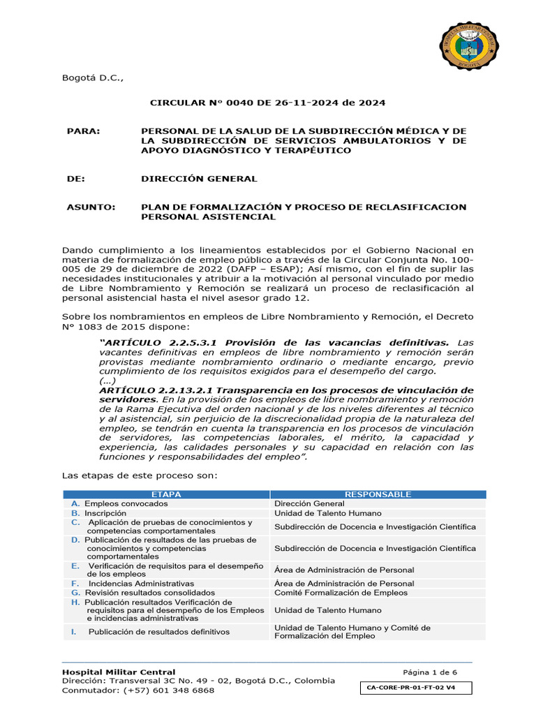 Circular 040 de 2024 Formalizacion Del Empleo y Reclasificacion | PDF | Hospital | Enfermería
