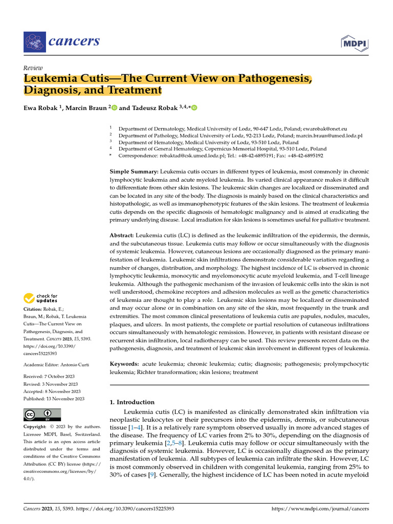 Leukemia Cutis-The Current View On Pathogenesis, Diagnosis, and Treatment | PDF | Leukemia | Cancer